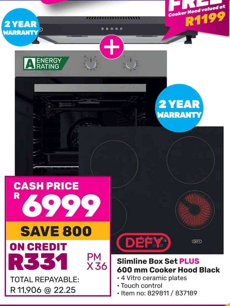 DEFY Slimline Box Set PLUS 600 mm Cooker Hood Black offer at Game