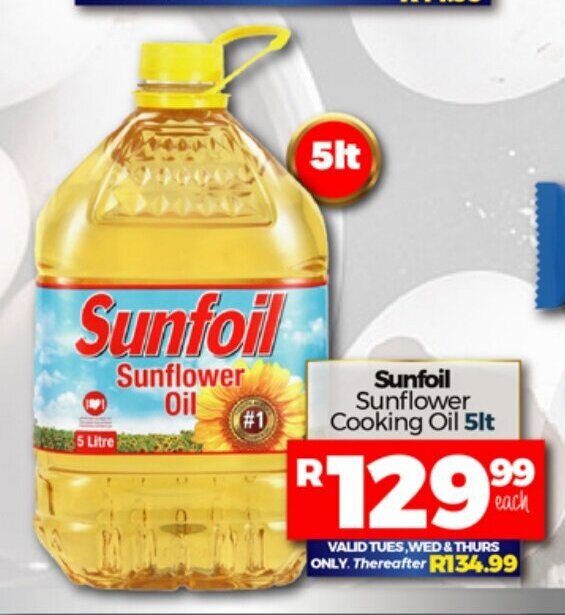 Sunfoil Sunflower Cooking Oil 5lt offer at Take 'n Pay