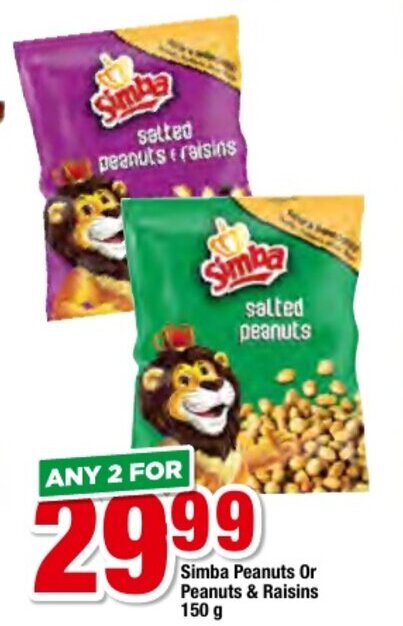 Simba Peanuts or Peanuts & Raisins 150g offer at OK Foods
