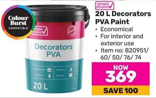 20 L Decorators PVA Paint offer at Game