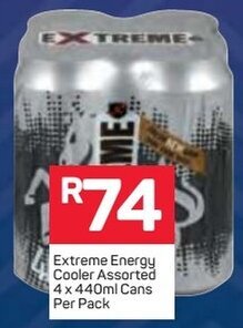 Extreme Energy Cooler Assorted 4x440ml Cans Per Pack offer at Pick n Pay