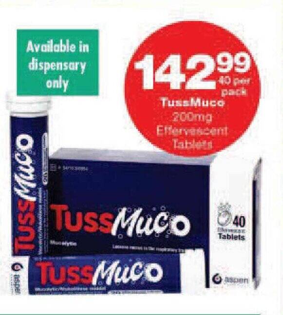 TussMuco 200mg Effervescent Tablets offer at Checkers