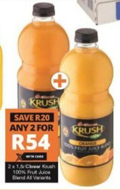 Clover Krush 100% Fruit Juice Blend All Variants 2 x 1.5lt offer at ...