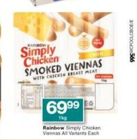 Rainbow Simply Chicken Viennas All Variants each 1kg offer at Checkers
