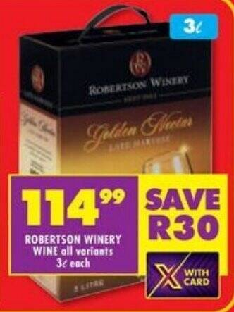 ROBERTSON WINERY WINE all variants 3L each offer at Shoprite Liquor
