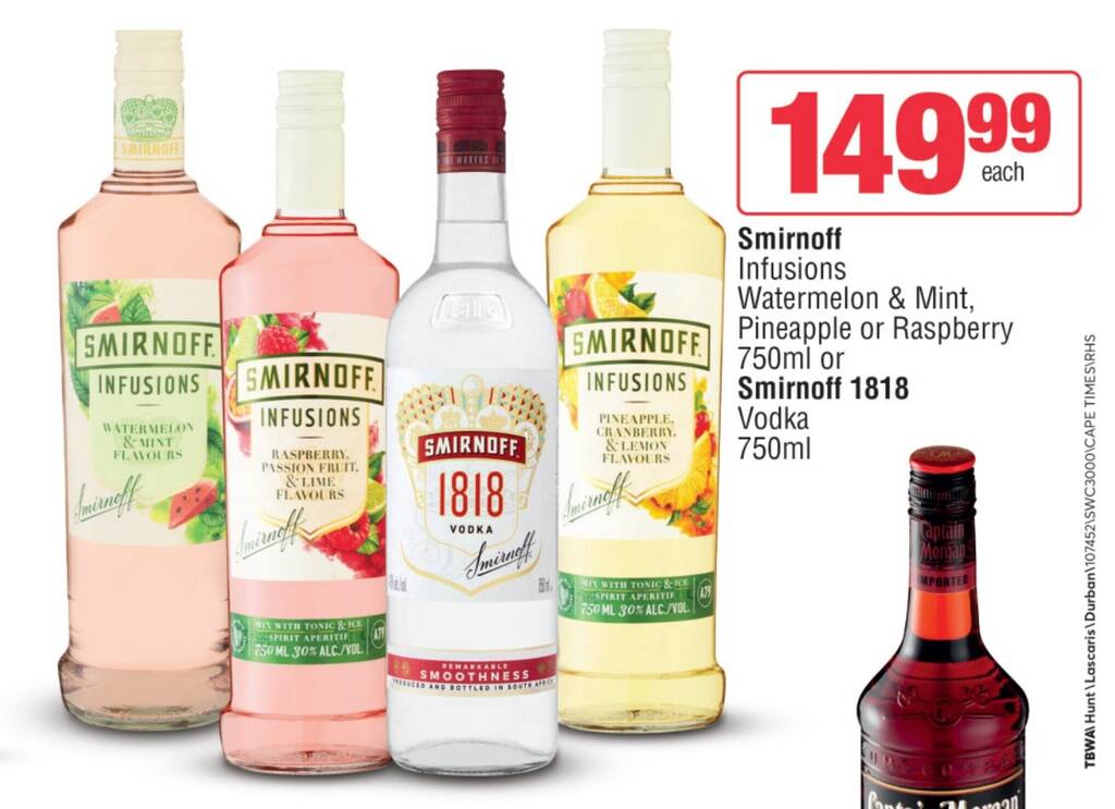 Smirnoff Infusions Watermelon & Mint, Pineapple or Raspberry 750ml or ...