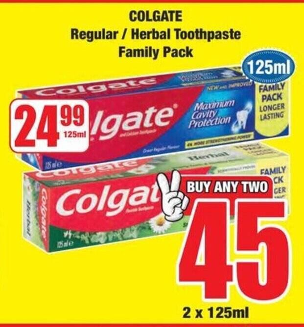 COLGATE Regular/ Herbal Toothpaste Family Pack offer at Boxer