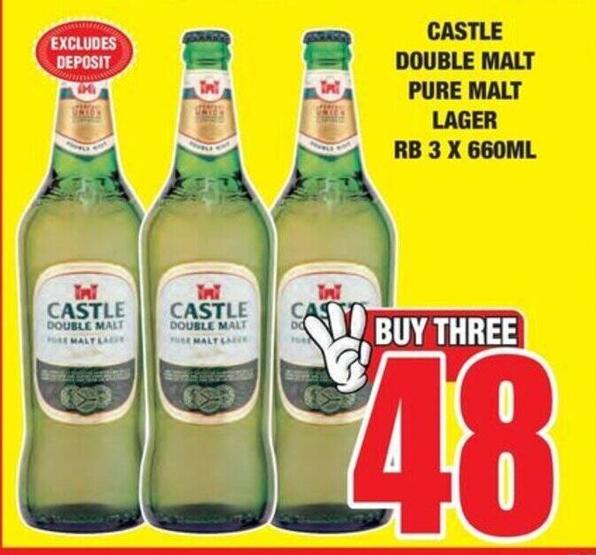 CASTLE DOUBLE MALT PURE MALT LAGER RB 3 X 660ML offer at Boxer Liquors