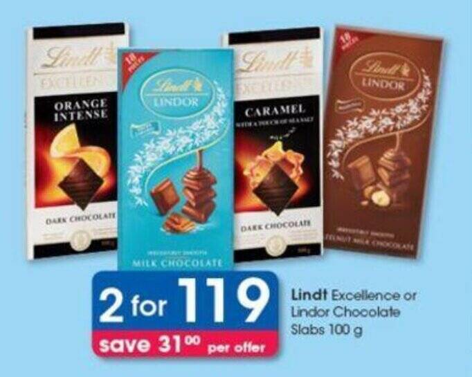 Lindt Excellence or Lindor Chocolate Slabs 100g offer at Clicks