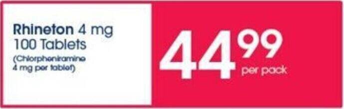 Rhineton 4 mg 100 Tablets (Chlorpheniramine 4 mg per tablet) offer at ...