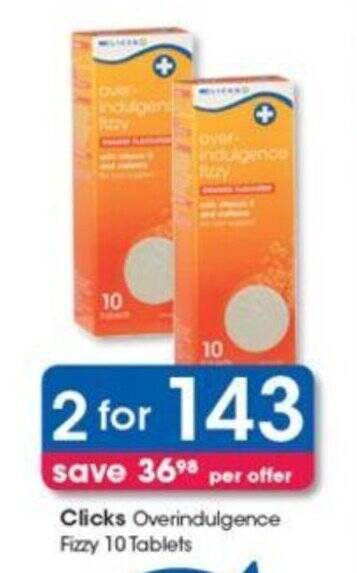 Clicks Overindulgence Fizzy 10 Tablets offer at Clicks