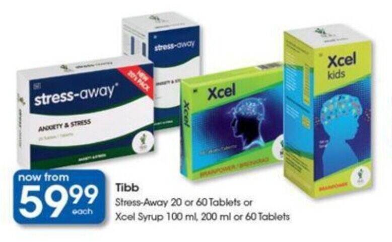 Tibb Stress-Away 20 or 60 Tablets or Xcel Syrup 100 ml, 200 ml or 60 ...