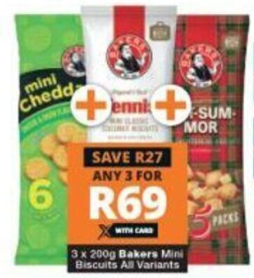 Bakers Mini Biscuits All Variants 3x200g offer at Checkers