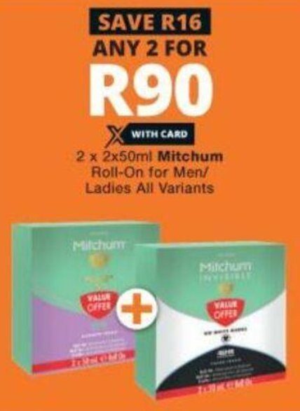 Mitchum Roll-On For Men/Ladies All Variants 2x2x50ml offer at Checkers