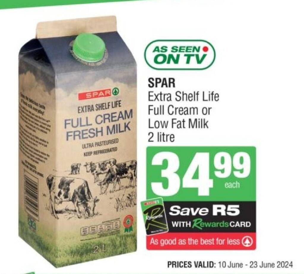 SPAR Extra Shelf Life Full Cream or Low Fat Milk 2 litre offer at Spar
