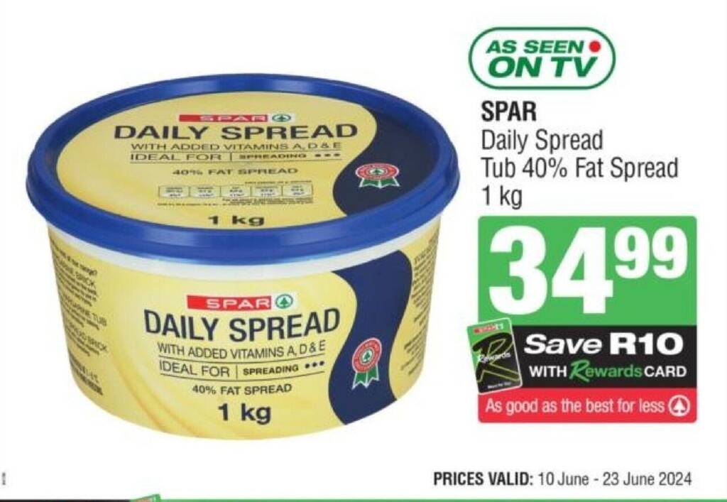 SPAR Daily Spread Tub 40% Fat Spread 1kg offer at Spar
