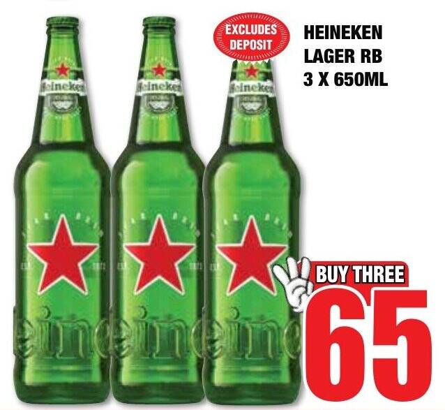 HEINEKEN LAGER RB 3 X 650ML offer at Boxer Liquors