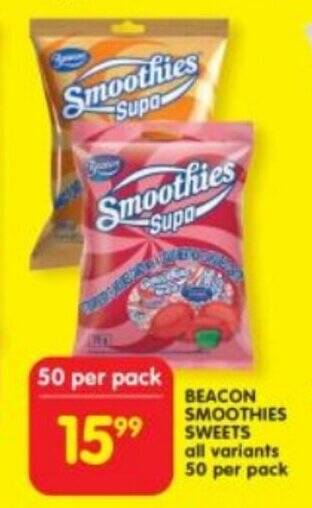 BEACON SMOOTHIES SWEETS all variants 50 per pack offer at Shoprite
