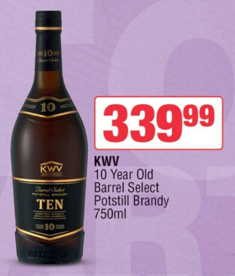 KWV 10 Year Old Barrel Select Potstill Brandy 750ml offer at Spar Tops