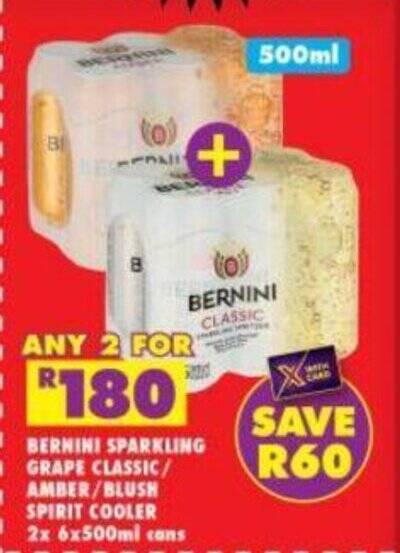 BERNINI SPARKLING GRAPE CLASSIC/ AMBER/BLUSH SPIRIT COOLER 2x 6x500ml ...