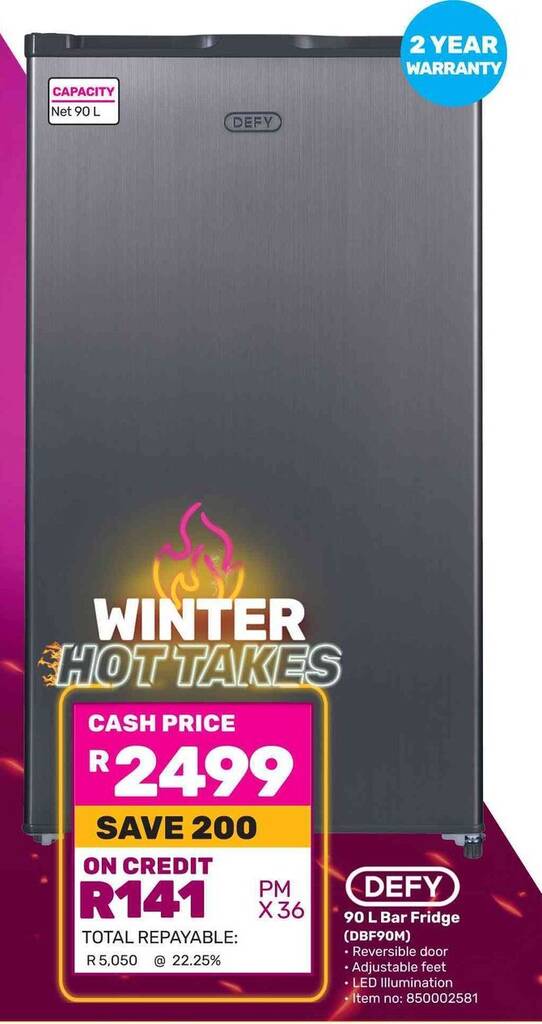 DEFY 90 L Bar Fridge (DBF90M) offer at Game