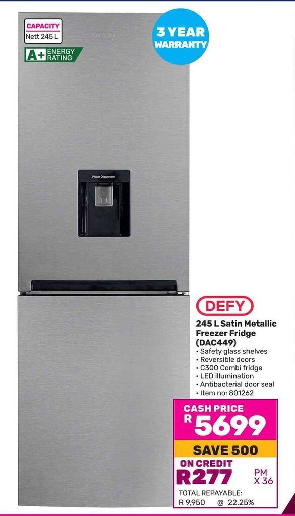 DEFY 245 L Satin Metallic Freezer Fridge (DAC449) offer at Game