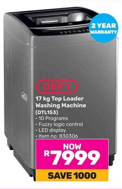 DEFY 17 kg Top Loader Washing Machine (DTL153) offer at Game