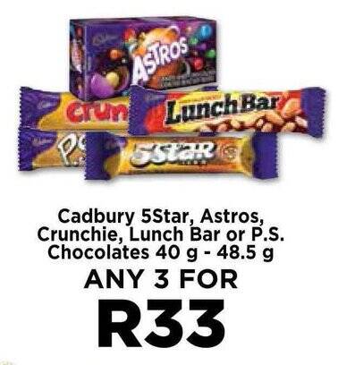 Cadbury 5Star, Astros, Crunchie, Lunch Bar or P.S. Chocolates 40g - 48 ...