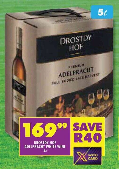DROSTDY HOF ADELPRACHT WHITE WINE 5L offer at Shoprite
