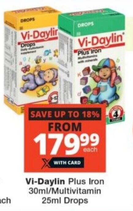 Vi-Daylin Plus Iron 30ml/Multivitamin 25ml Drops offer at Checkers