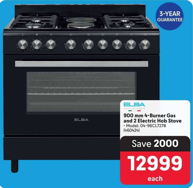 900 mm 4-Burner Gas and 2 Electric Hob Stove offer at Makro