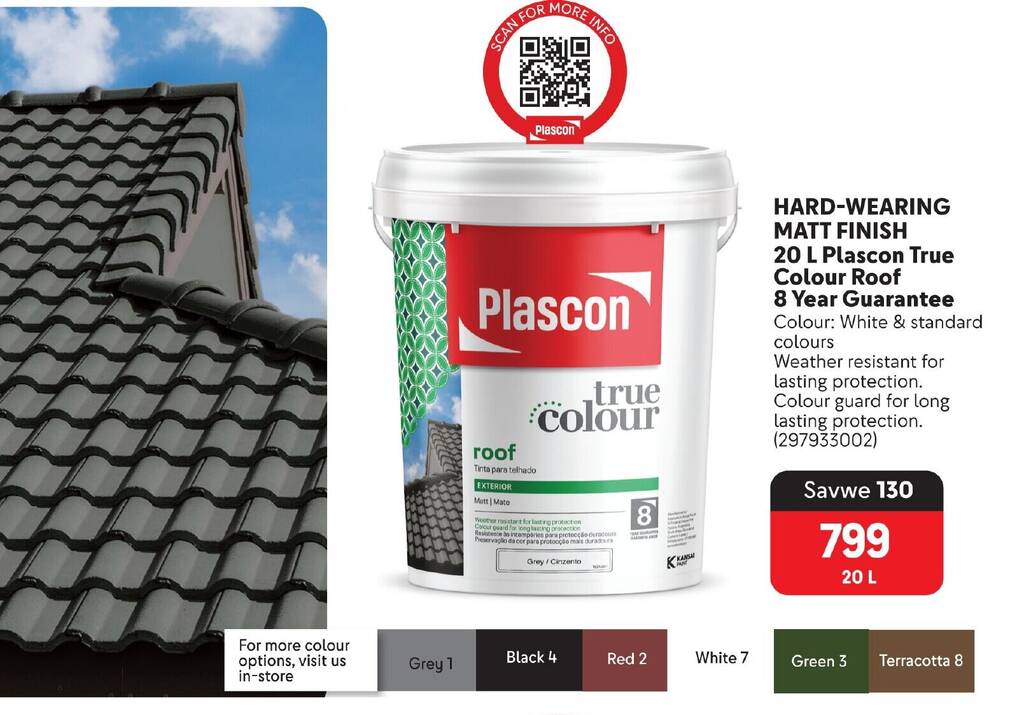 HARD-WEARING MATT FINISH 20 L Plascon True Colour Roof 8 Year Guarantee ...
