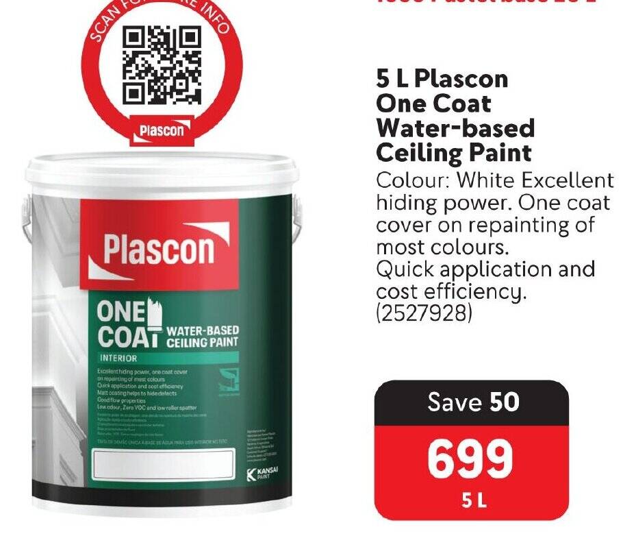 5 L Plascon One Coat Water-based Ceiling Paint offer at Makro