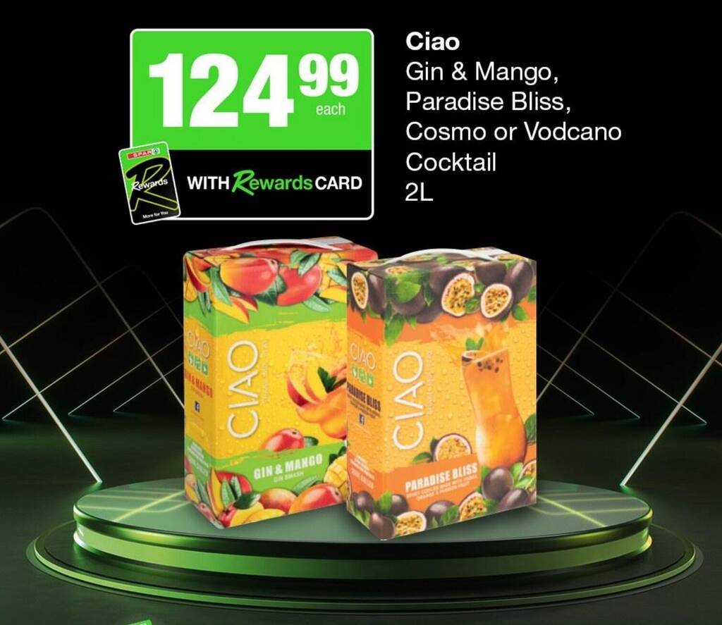 Ciao Gin & Mango, Paradise Bliss, Cosmo or Vodcano Cocktail 2L offer at Spar Tops