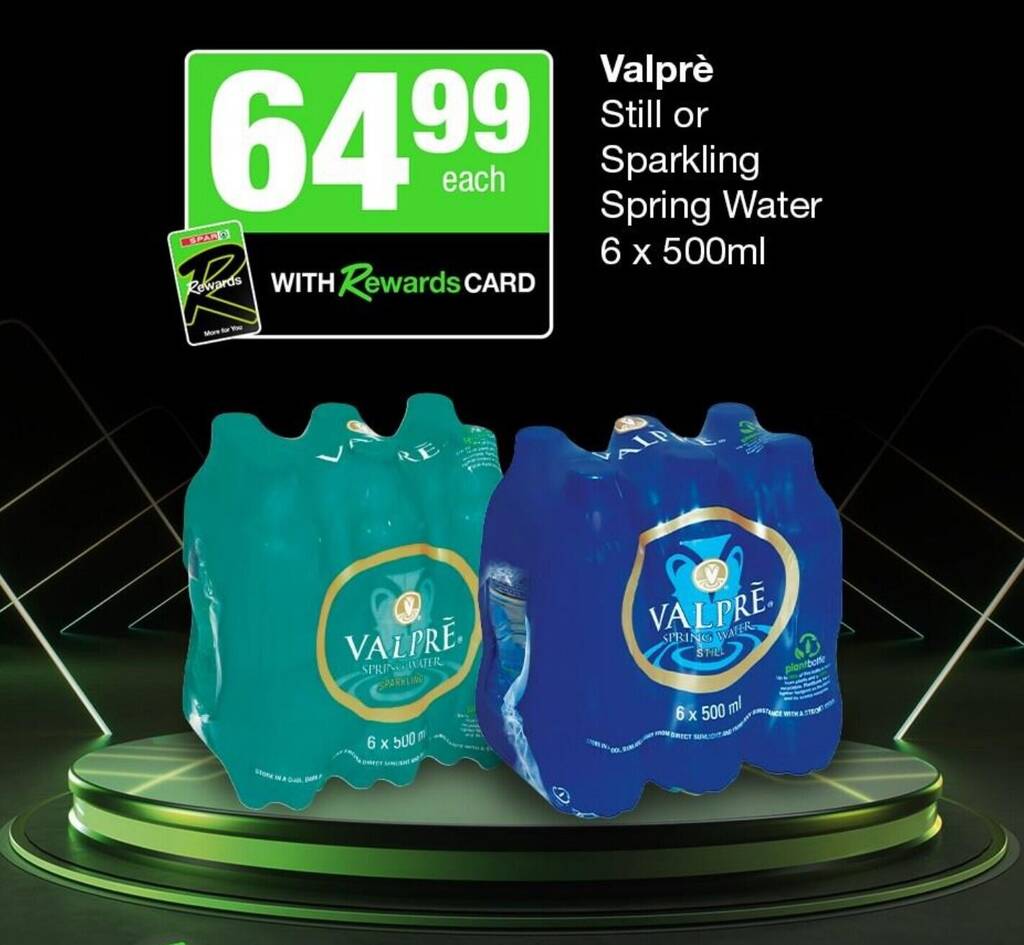 Valprè Still or Sparkling Spring Water 6 x 500ml offer at Spar Tops