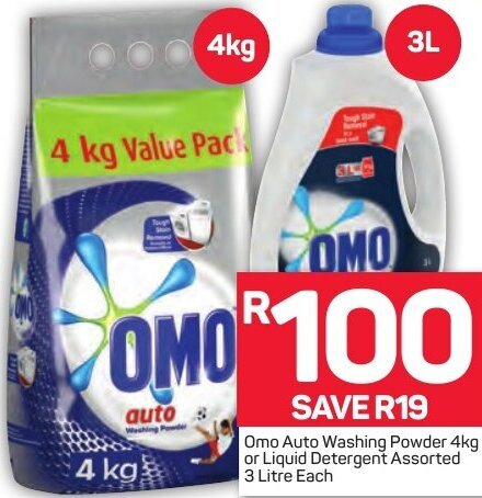 Omo Auto Washing Powder 4kg or Líquid Detergent 3L offer at Pick n Pay