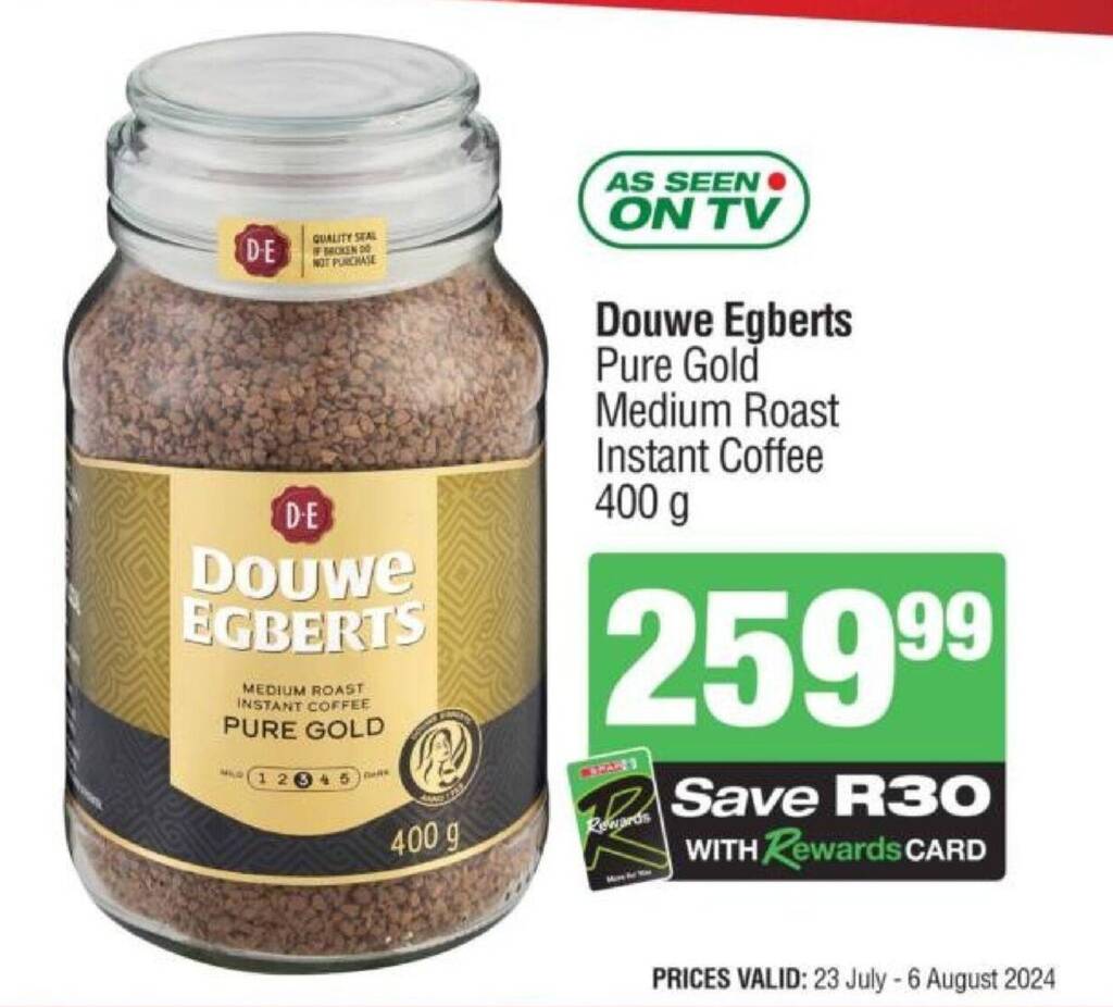 Douwe Egberts Pure Gold Medium Roast Instant Coffee 400g offer at Spar