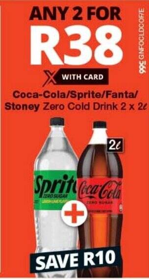 Coca-Cola/Sprite/Fanta/ Stoney Zero Cold Drink 2 x 2L offer at Checkers