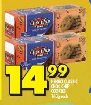HENRO CLASSIC CHOC CHIP COOKIES 160g each offer at Shoprite