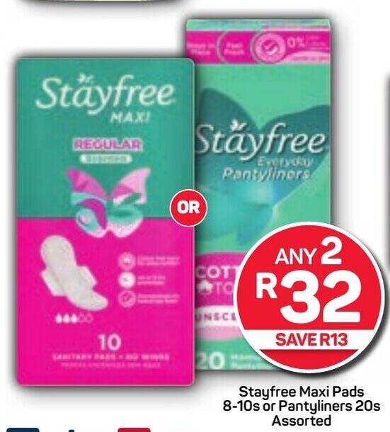 Stayfree Maxi Pads 8-10s or Pantyliners 20s Assorted offer at Pick n Pay