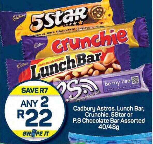 Cadbury Astros, Lunch Bar, Crunchie, 5Star or P.S Chocolate Bar ...