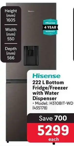 Hisense 222 L Bottom Fridge/Freezer with Water Dispenser offer at Makro