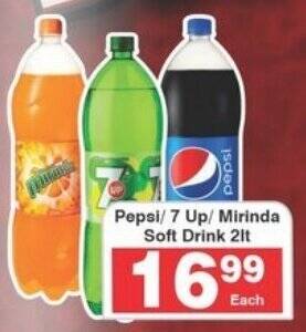 Pepsi/ 7 Up/ Mirinda Soft Drink 2lt offer at Frontline