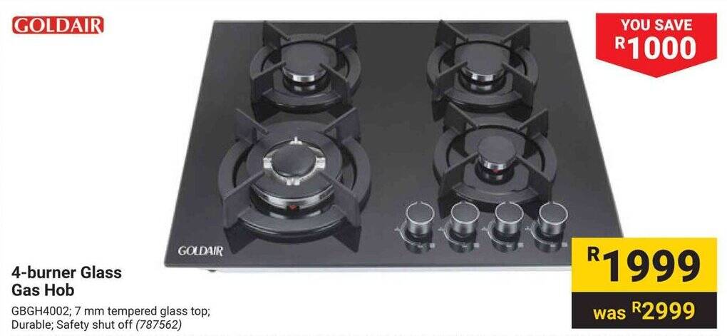 GOLDAIR 4-burner Glass Gas Hob offer at Builders Warehouse