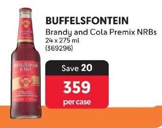 BUFFELSFONTEIN Brandy and Cola Premix NRBs 24 x 275 ml offer at Makro