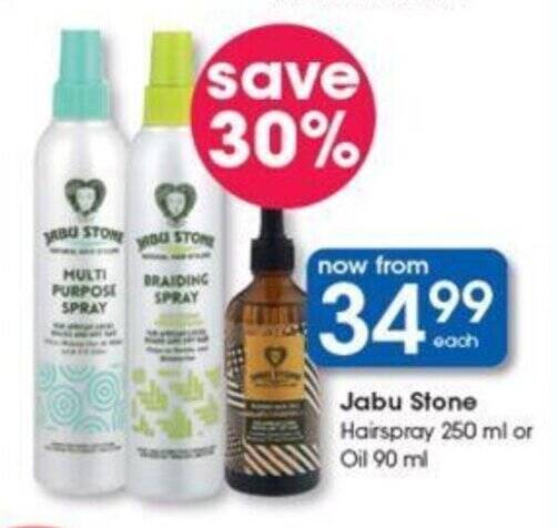 Jabu Stone Hairspray 250 ml or Oil 90 mil offer at Clicks