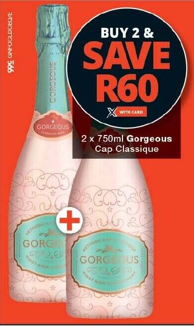 Gorgeous Cap Classique 2 x 750 ml offer at Checkers Liquor Shop