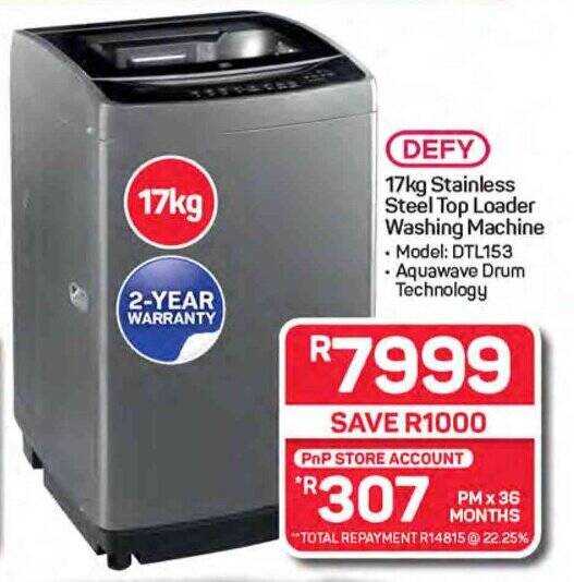 DEFY Stainless Steel Top Loader Washing Machine Model: DTL153 Aquawave ...