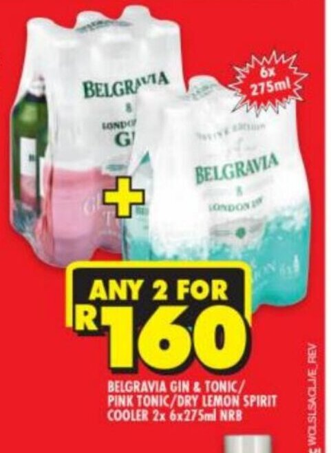 Belgravia Gin & Tonic / Pink Tonic / Dry Lemon Spirit Cooler 2 x 6x275ml NRB offer at Shoprite ...