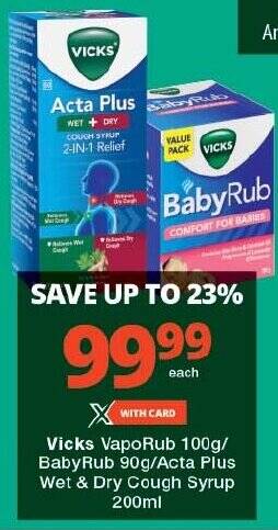 Vicks VapoRub/ Baby Rub/Acta Plus Wet & Dry Cough Syrup 100 g & 90 g ...